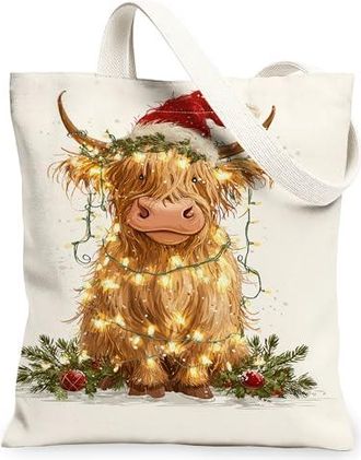 Generic Sacs fourre-tout en toile de vache de No&euml;l, motif animal rustique, r&eacute;utilisables, sacs d&eacute;picerie dhiver, l&eacute;gers et lavables en toile pour voyage, piqu