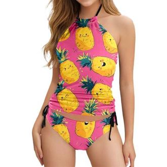 Generic Maillot de bain tankini push-up pour femme - S&eacute;chage rapide - Taille haute - Deux pi&egrave;ces - Maillot de bain vintage d&eacute;t&eacute;, rose, XXL