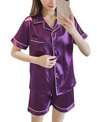 ORANDESIGNE Printemps &Eacute;t&eacute; Femmes Ensemble Pyjama en Satin Manche Courte V&ecirc;tements de Nuit 2 Pi&egrave;ces Col-V Top Bouton et Pantalon Violet FR 40