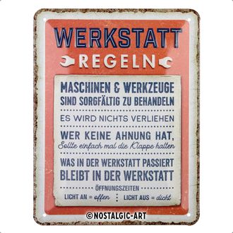 Nostalgic Art Retro Blechschild, 15 x 20 cm, Werkstattregeln - Geschenk-Idee f&uuml;r Handwerker, aus Metall, Werkstatt-Deko im Vintage Design mit Spruch, Blechschilder 
