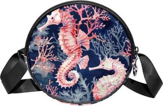Generic Petit sac &agrave; bandouli&egrave;re rond pour femme, motif hippocampe, sac &agrave; dos &agrave; bandouli&egrave;re r&eacute;glable avec fermeture &eacute;clair, sac &agrave; main rond d&eacute;contract&eacute; pour fe