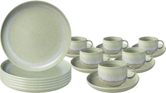 Villeroy & Boch Like. by Perlemor Alga Kaffeeservice 18-teilig, Kaffeetassen mit Untertassen (190 ml) und Fr&uuml;hst&uuml;cksteller (24 cm), Pottery Look mit Reaktivglasur, Pr