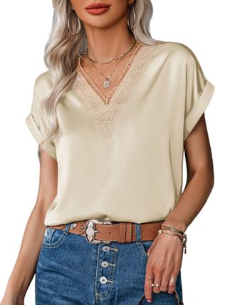 Zeagoo Bluse Damen Kurzarm V-Ausschnitt Oberteile Elegant Sommer Top Leicht und Luftig Satinbluse Beige XXL