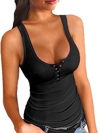 Minetom Femme Débardeur Crop Top Dos Nageur Caraco Chic et Elegant sans Manche Col Rond Haut Court Tank Top Boutonnage Camisole Décontracté Moulante Caraco Cr