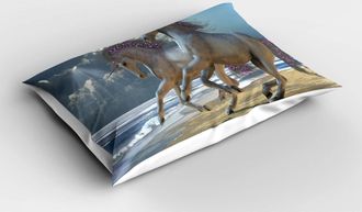 Abakuhaus Pferd Kissenbezug, Blumen Geschmückt Mähne Pferd, Dekorativer Standard King Size Gedruckter Kissenbezug, 80 x 40 cm, Schwachgrau und Flieder