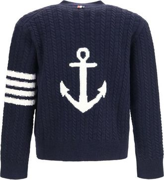 Thom Browne Cable-Knit Wool with 4-Bar Stripe Cardigan - Navy