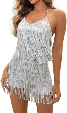 Generic Combinaison sexy dos nu &agrave; franges de couleur unie avec pompons, Argent&eacute;., S