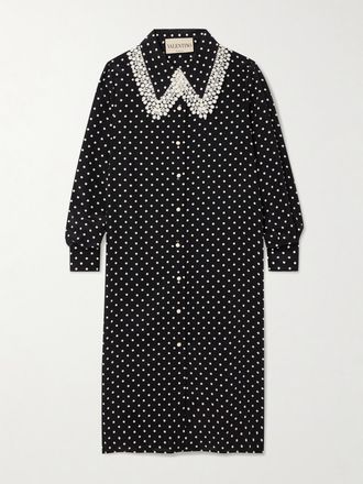 Valentino Garavani Robe Midi En Cr&ecirc;pe De Chine De Soie Imprim&eacute;e &Agrave; Pois Et &Agrave; Finitions En Dentelle - Noir