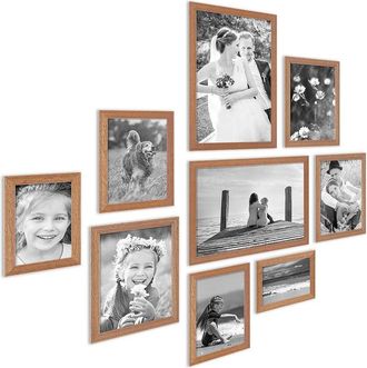 Photolini Bilderrahmen-Set Holz Eiche-Optik Landhaus-Stil, 9er Set Holz-Rahmen, Made in Germany, Echtglas, zum Aufh&auml;ngen, mit Zubeh&ouml;r - perfekt f&uuml;r Familienfoto