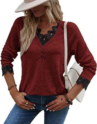 Onsoyours Pull en Tricot à col en V pour Femme Chemisier de Couleur Unie Chandail à Manches Longues en Dentelle Patchwork dautomne Hiver A Rouge L
