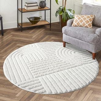 Carpet City Tapis de salon, &agrave; poils longs, cr&egrave;me, 200 cm, rond, motif profond, effet 3D, g&eacute;om&eacute;trique, tapis de chambre &agrave; coucher, style boh&egrave;me, Skandi