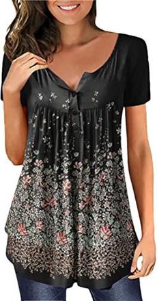 ORANDESIGNE Shirt Femme Fleurs Col en V été Casual Ample Grande Taille Manche Longue Tuniques Blouse Longue Chemisie Henri Hauts à Manches Courtes Tops Tee Shirt 