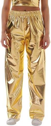 Generic Pantalon argenté métallisé pour femme, pantalon brillant, pantalon taille haute, pantalon à jambe droite, pantalon disco décontracté à taille élastiqu