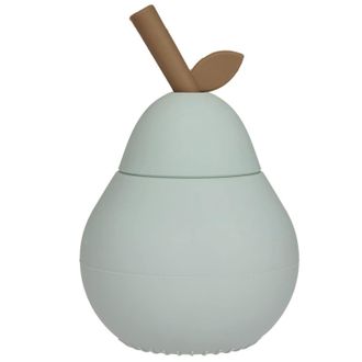 OYOY Mini Trinkbecher Silikon mit Deckel und Strohhalm f&uuml;r Kinder - Pear Cup Gr&uuml;n - Trinklernbecher in Birnen Form - L:8,5 x B:8,5 x H:13,5 cm - M107434