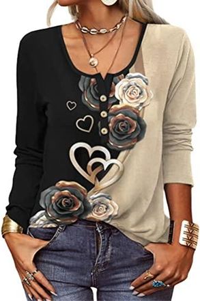 Onsoyours Femmes Chemise &Agrave; Manches Longues Imprim&eacute; Col V De Bouton Pull Blouse Top E9 Noir XL