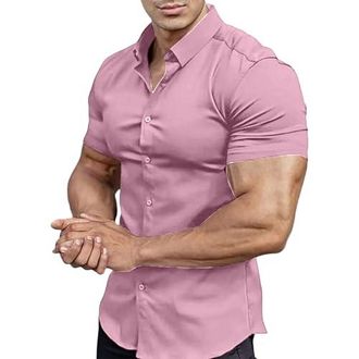 Generic Chemise habill&eacute;e coupe ajust&eacute;e pour homme, chemise daffaires &agrave; manches courtes, couleur unie, chemises formelles grande taille, hauts boutonn&eacute;s, haut 