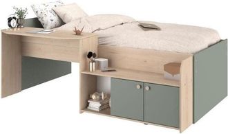 Parisot Lit combiné enfant 90x190/200 cm JADE - Chene / Vert céladon - Bureau et rangements - PARISOT