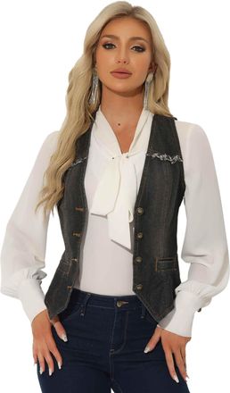 Allegra K Damen Jeansweste &Auml;rmellos Verwaschene Distressed Kragenlose Gilet Denim Jacke Schwarz L
