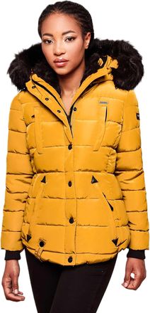 Marikoo warme Damen Winter Jacke Winterjacke Steppjacke gef&uuml;ttert Kunstfell B618 [B618-Lotus-Gelb-Gr.S]