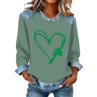 Generic HUIFUAO Sweat-shirt en jean pour la Saint-Patrick pour femme - Motif tr&egrave;fle amusant - Imprim&eacute; coeur gaufr&eacute; - Coutures en jean - Costumes irlandais de 