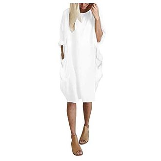 FNKDOR Robe Tunique Femme Couleur Unie Oversize L&acirc;ch&eacute; Robes D&eacute;contract&eacute;e &agrave; Manches Longues Chic Col Rond Pull T-Shirt Robes au Genou Grande Taille Baggy Robe