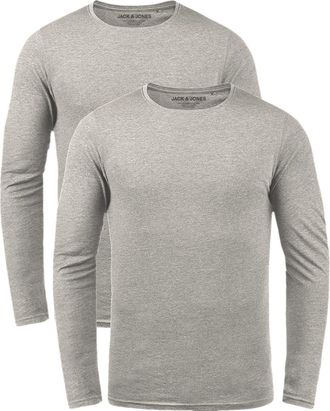 Jack & Jones Langarmshirt Herren T- Shirt Basic Sweatshirt weiß schwarz Rundhals im Doppelpack LS Tee O-Neck (2X Hellgrau, XXL)