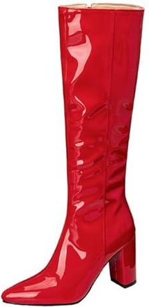Generic MiaZane Bottes Montantes Femme en Cuir Verni Bottes Gogo Talon Carré Fermeture Éclair Latérale Bout Pointu Talon Haut Rétro Chic pour Automne & Hiver 