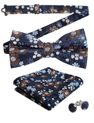 Alizeal Herren-Fliege, Einstecktuch und Manschettenkn&ouml;pfe, vorgebundene Fliege, mit Blumenmuster, klassisches Hochzeits- und Party-Set, Einheitsgr&ouml;&szlig;e