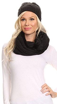 Sakkas 16138 - Olliey long et large classique Cable Knit Fur Lined Infinity Scarf Et Hat - Noir - OS