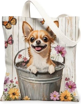 Generic Sac fourre-tout en toile motif chihuahua printanier pour faire du shopping, 33 x 38,1 cm, joli sac &agrave; bandouli&egrave;re r&eacute;utilisable en bois de fleur rustiqu