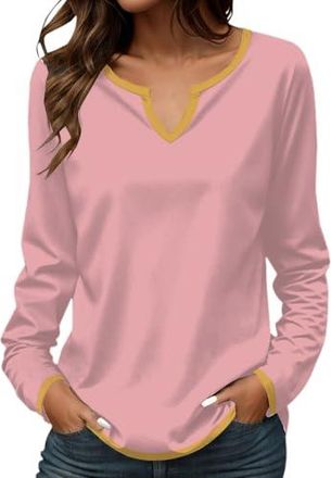 Generic Haut &agrave; manches longues pour femme - Grande taille - D&eacute;contract&eacute; - Col en V - Coupe droite, rose vif, XXL