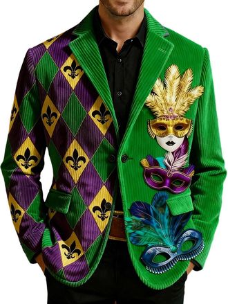 Generic Herren Sakko Kordsamt Bunt Bedruckt Anzugjacke Karneval Kost&uuml;m Muster Blazer Fasching Party Outfit Vintage Cord Jackett Slim Fit mit Motiv