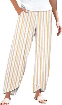 Generic Pantalon L&eacute;ger Femme Pantacourt Fluide &Eacute;t&eacute; Pantalon en Lin Ray&eacute; pour Femme D&Eacute;t&eacute; D&eacute;contract&eacute; &Agrave; Jambes Larges avec Poches Court et Yoga Ample Vetement E