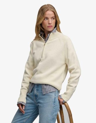 Superdry pull en maille coton classique &agrave; demi-zip en &eacute;cru-Blanc