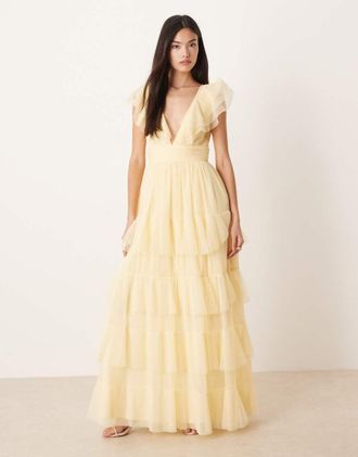 Lace & Beads Robe longue en tulle &agrave; volants &eacute;tag&eacute;s et manches &eacute;vas&eacute;es - Jaune citron