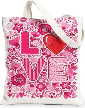 Generic Sacs fourre-tout r&eacute;utilisables en toile pour la Saint Valentin, motif coeur damour, sacs d&eacute;picerie, toile l&eacute;g&egrave;re et lavable pour le printemps, p&ecirc;che, 