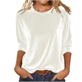 Generic Chemise à manches 3/4 en velours pour femme, style décontracté, col rond, vintage, élégant, tunique de vacances, beige, XXL