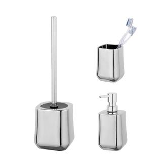 Sch&ouml;ner Wohnen Kollektion Keram.Bad-Acc.Set Mod. Adine 3tlg Bad-Accessoire Set aus Keramik mit Seifenspender Zahnputzbecher und WC-Garnitur Farbe Chrom Ma&szlig;e 11x38,5 cm