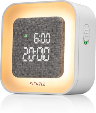 Kienzle Lichtwecker mit LED-Aufwachlicht, dimmbarem Ambientelicht, Nachtlicht-Funktion, Auto-Display-Helligkeit, LED-Stoffdisplay, quadratisch, weiß