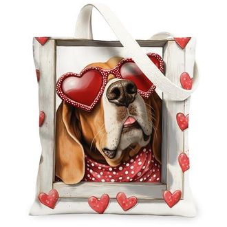 Generic Sac fourre-tout en toile motif chien Bloodhound pour faire du shopping 33 x 38,1 cm, sac &agrave; bandouli&egrave;re r&eacute;utilisable pour la Saint-Valentin, sac d&eacute;pice