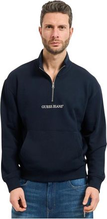 Guess Homme, Sweatshirts et sweats &agrave; capuche, Bleu, Taille: S Pull Logo &agrave; Demi-Fermeture &Eacute;clair