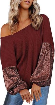 Generic Chemisier &agrave; paillettes &agrave; &eacute;paules d&eacute;nud&eacute;es pour femme, sweats &agrave; la mode d&eacute;contract&eacute;s en patchwork brillant, pull en tricot &eacute;l&eacute;gant, couleur unie, &eacute;paul