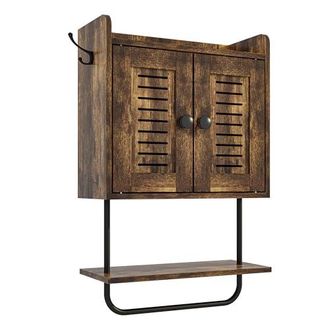 Relaxdays H&auml;ngeschrank, Handtuchhalter, 2 Doppelhaken, 2 Ablagen, Doppelt&uuml;r, HBT: 61 x 40 x 17,5 cm, Wandschrank, braun