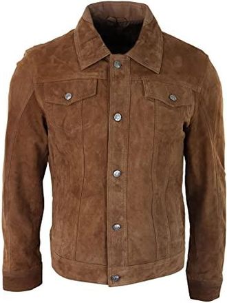TruClothing Blouson en Daim véritable pour Homme Style Veste en Jean Courte Biker Classique Vintage - Marron Clair 5XL