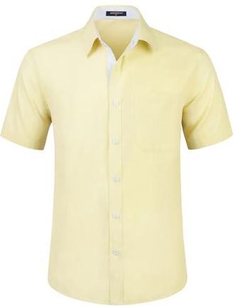 Hisdern Chemise à Manches Courtes pour Hommes Chemise Jaune décontractée dété Classique à Coupe régulière avec Poches,2XL