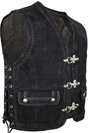 MDM Gilet en cuir pour homme double tress&eacute;/ext&eacute;rieur et int&eacute;rieur en cuir v&eacute;ritable, Noir, L