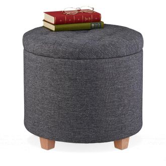 Relaxdays Pouf de rangement, tabouret rembourr&eacute; rond, pour salon, optique lin, repose-pieds, HxD 41 x 44 cm, gris fonc&eacute; - Relaxdays