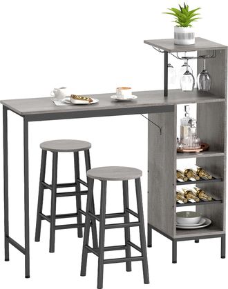 HOMCOM Set Bartisch mit Hockern, Steh-Esstisch mit 2 runden Barst&uuml;hlen mit Fu&szlig;st&uuml;tze, mit Aufbewahrungsregalen, Weinregalen, Gl&auml;serhaltern, Naturholzeffekt