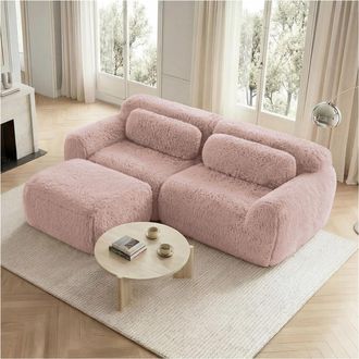 Generic Modernes 2-Sitzer-Sofa, modulares Sofa, rutschfeste Basis, mit 2 Kissen, extra breite ergonomische Armlehnen,for Lesen und Arbeiten(Rosa+Peluche+2 Pla