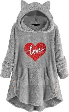 Generic Sweat à capuche en polaire confortable pour femme - Haut à manches longues - Imprimé amour - Poche ample - Vêtement dextérieur pelucheux pour lhiver, 